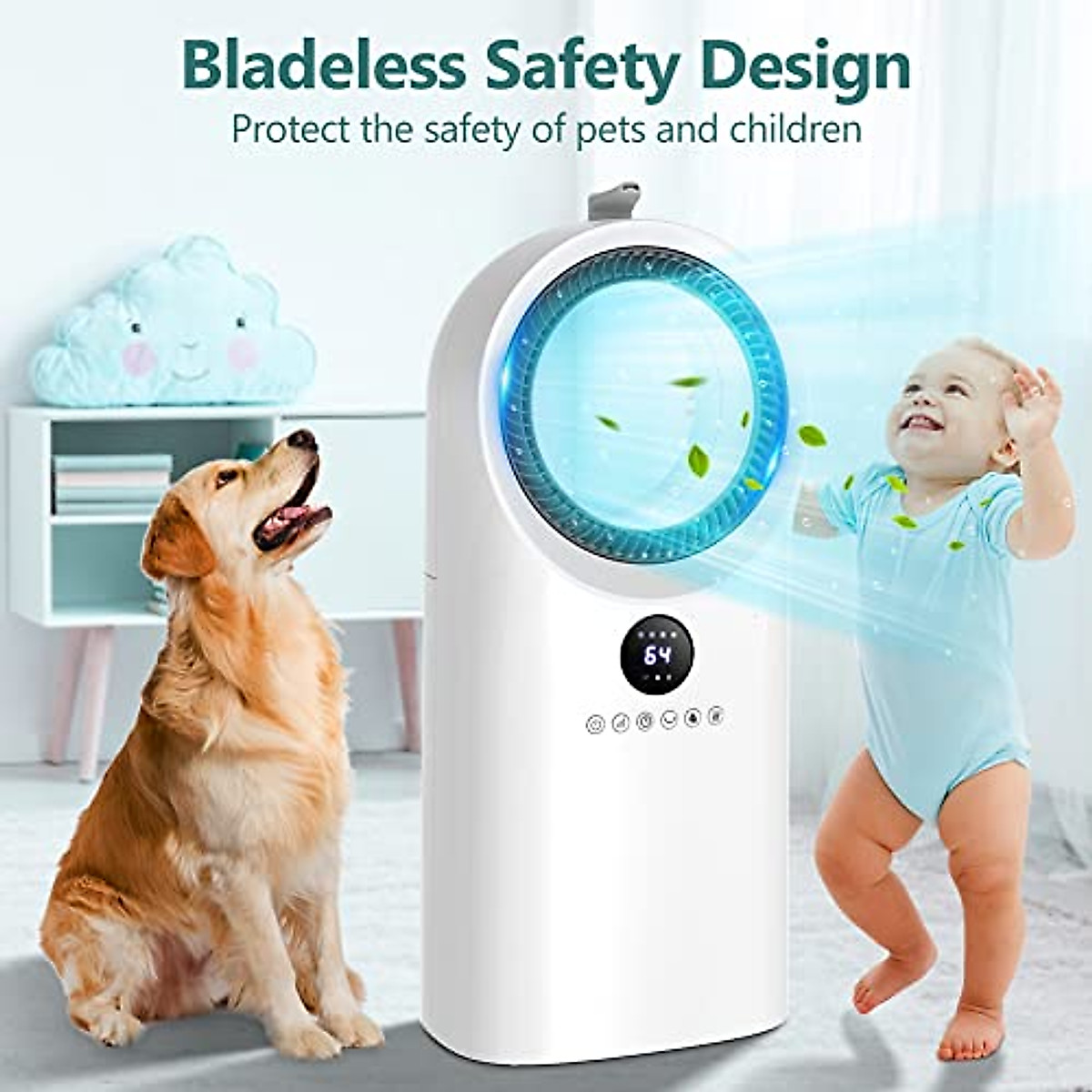 Portable Evaporative Cooler, LifePlus Bladeless Cooling Tower Fan with Instant Cool & Independent Humidifier, Remote Control, 50° Oscillation, Low Noise for Kitchen Bedroom Office