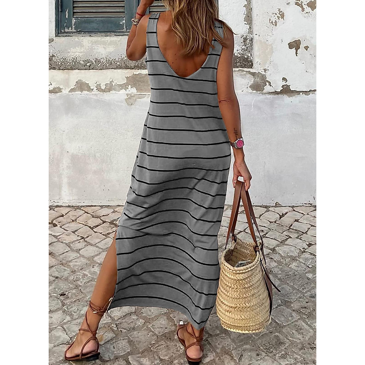 BLENCOT Womens Sleeveless Striped Racerback Maxi Sundresses Backless Beach Long Tank Dresses Gray XL