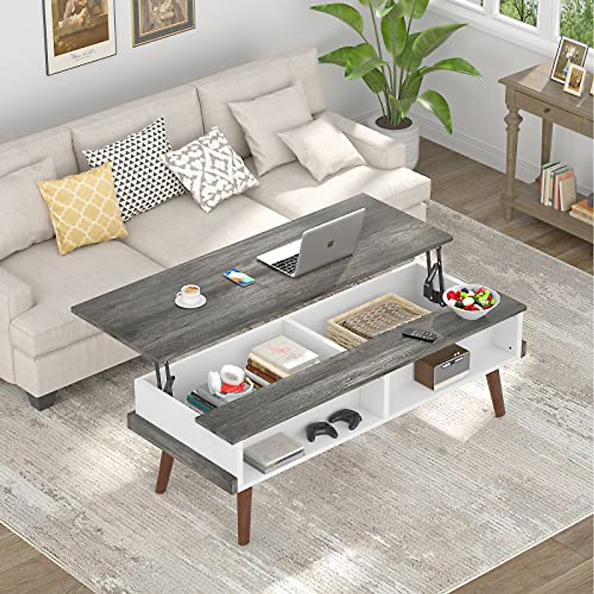 Aheaplus Lift Top Coffee Table with Storage, 43.3" Modern Center Table Lift Tabletop Wood Dining Table Pop Up Table with Open Compartment for Living Room, Home Office, Black Oak and White
