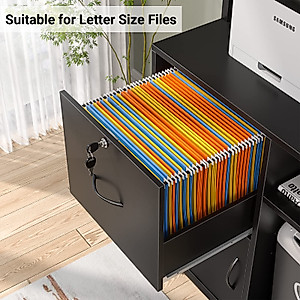 Homieasy Vertical Filing Cabinet with Lock & Charging Station, Large Drawer Wood File Cabinet with Bookshelf, Printer Stand with Open Storage Shelf, fits Letter Size for Home Office, Black
