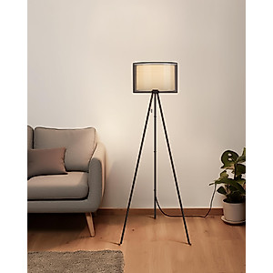 KDG Modern Floor Lamp for Living Room, Tall Tripod Floor Lamp Corner Lighting, Fabric Lampshade LED Bulb Bright Pole Light, High Light for Bedroom, Reading, Office, Study Room, Warm Light(Black)