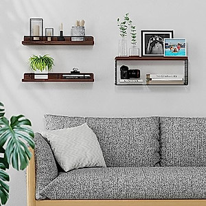 Xeapoms Floating Shelves with Wire Storage Basket, Wall Mounted Bathroom Shelves Over Toilet with Metal Guardrail, Rustic Wood Wall Shelf for Bathroom Decor,Bedroom,Living Room,Kitchen – Rustic Brown