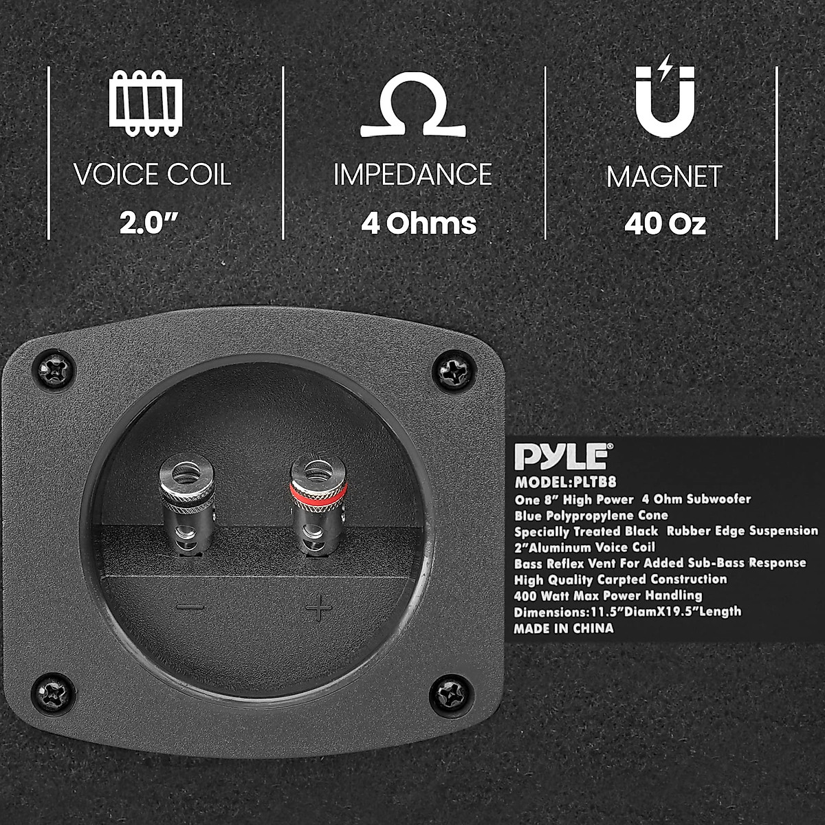 Pyle 8-Inch Carpeted Subwoofer Tube Speaker - 400 Watt High Powered Car Audio Sound Component Speaker Enclosure System w/ 2” Aluminum Voice Coil, 4 Ohm, 30Hz-700kHz Frequency - Pyle PLTB8,Black