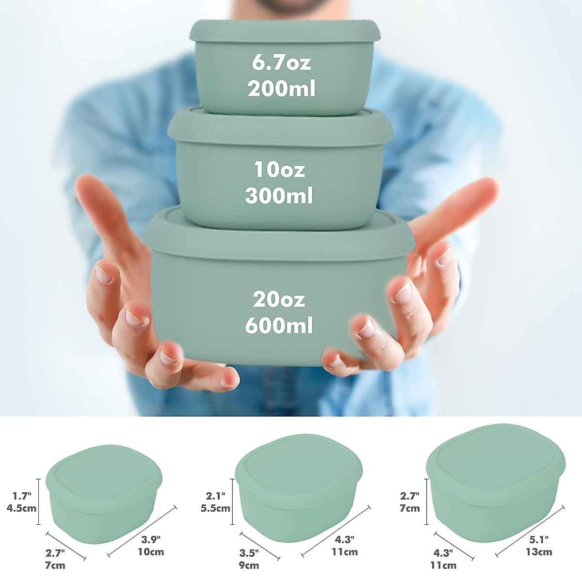 Anatole Silicone Food Storage Containers Set of 3 Lunch Box Bento with Lids BPA Free Dishwasher Microwave Oven Freezer Safe (6.7oz, 10oz, 20oz) Green