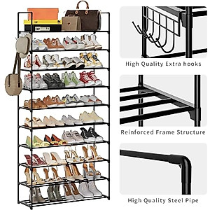 HOMICKER Shoe Rack,10 Tier Shoe Organizer Large Shoe Storage with Hooks,Fit 40-50 Pairs Shoes,Metal Tall Shoe Shelf for Closet,Entryway,Garage,Bedroom