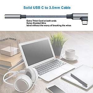 DCHAV Right Angle USB C to 3.5mm Audio Adapter Headphone Jack USBc 3.5 mm Cable Aux USB Type C Cord Male Female Dongle DAC Chip for Android Phone Tablet Laptop Speaker Microphone Car Stereo, Grey