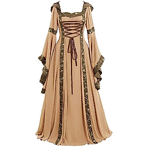 WUAI Plus Size Women's Vintage Celtic Medieval Floor Length Renaissance Gothic Cosplay Dress（Khaki,XXX-Large