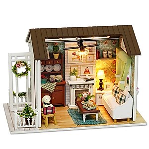 TuKIIE DIY Miniature Dollhouse Kit, 1:24 Scale Wooden Mini Doll House Accessories with Furniture for Kids Teens Adults(Happy Times)