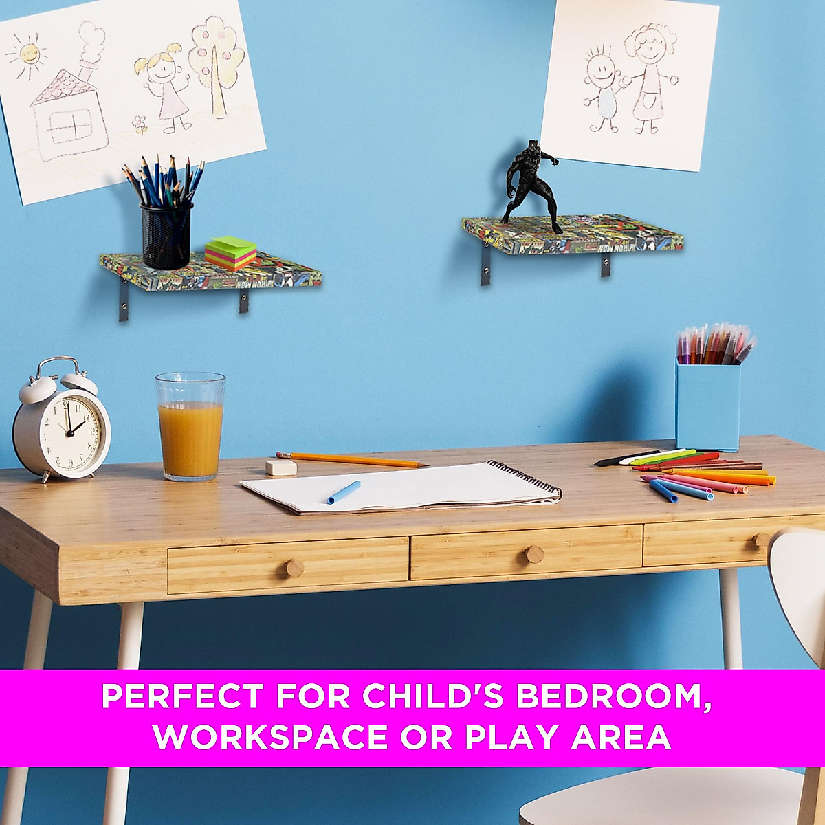 POP Creations Marvel Retro Comics Wooden Shelves, 2-Pc Wood Shelves for Wall, 12x6-Inch Wall Mounted Bedroom Shelves & Decor, Paper Wrapped Wall Shelves for Bedroom