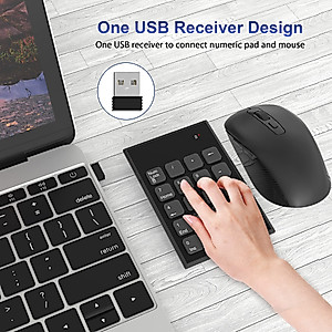 Wireless Number Pad and Mouse Combo,2.4G 19 Keys USB Wireless Numeric Keypad,3 Adjustable Silent Mouse Speeds DPI 800/1200/1600,Set for Laptop,Notebook,Desktop,PC Computer-Use One USB Receiver