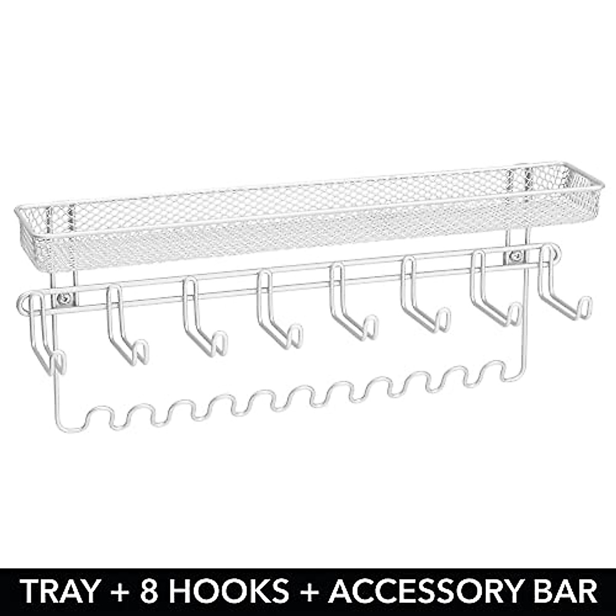 mDesign Steel Wall Mount Closet Jewelry Storage Organizer Rack Holder with 8 Hooks and Basket for Bedroom - Holds Necklaces, Bracelets, Watches, Sunglasses, Purses - Concerto Collection, White