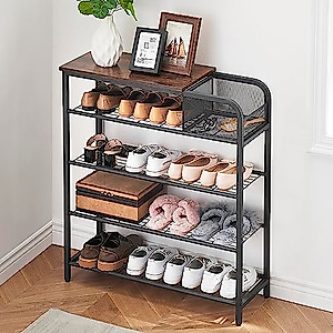 IDEALHOUSE Shoe Rack for Entryway, 5 Tier Shoe Storage Shelves with Mesh Storage Basket, 16-20 Pairs Shoe Organizer with Wooden Top Shelf for Closet, Hallway, Entryway, Rustic Brown