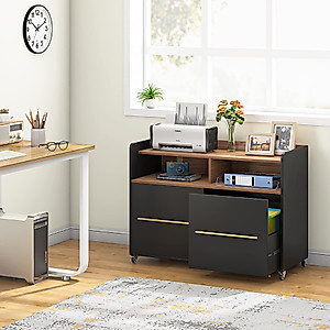Tribesigns 2 Drawer File Cabinet Rolling Filing Cabinets for Home Office Black lateral File Cabinet Wood File Cabinet for Letter Size, Printer Stand with Rolling Wheel and Open Storage Shelves