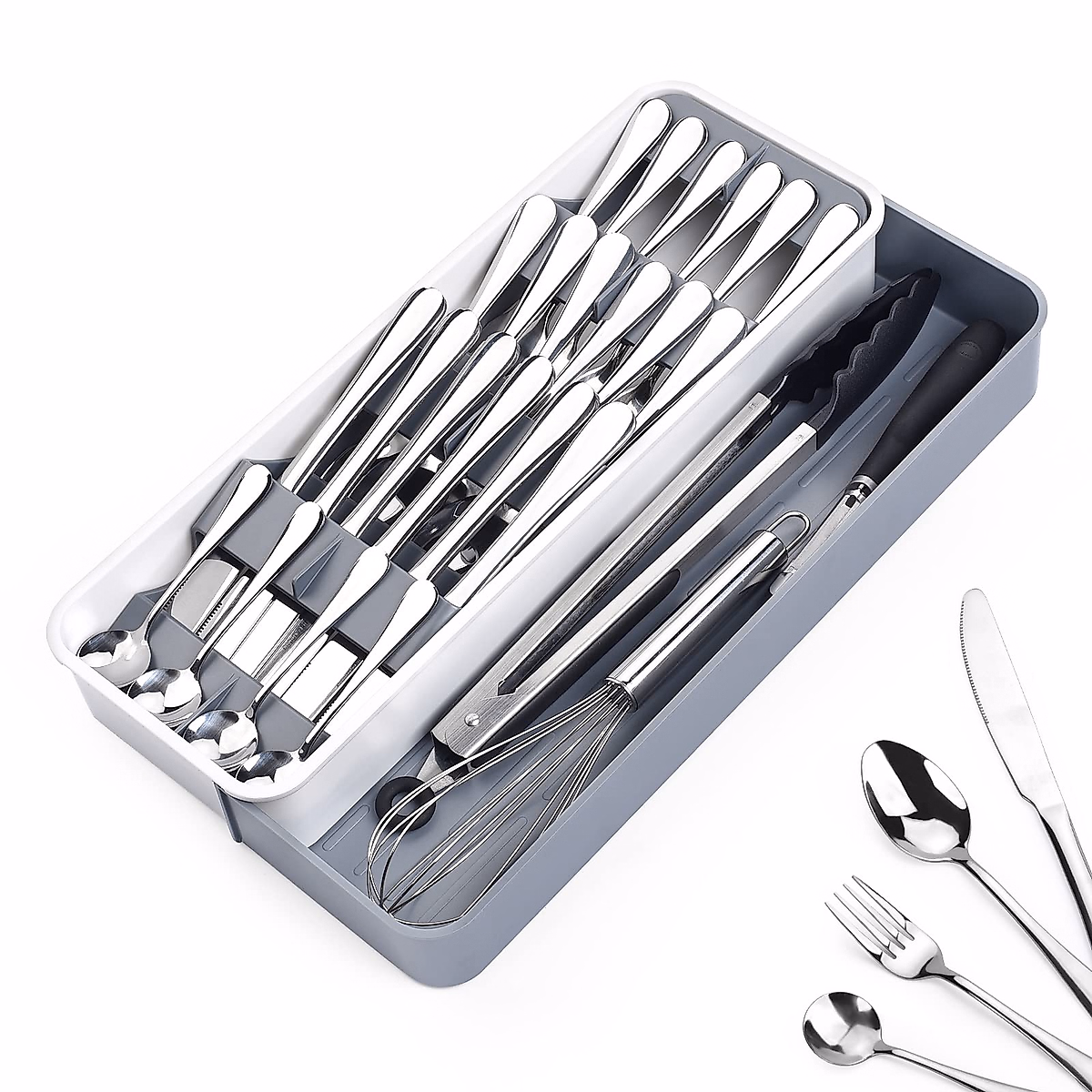 Aionvidas Expandable Silverware Organizer Storage Tray, Compact Cutlery Organizer in Kitchen Drawer, Adjustable and Removable Flatware Organizer for Kitchen Drawer Holding Utensils Spoons Knife Forks