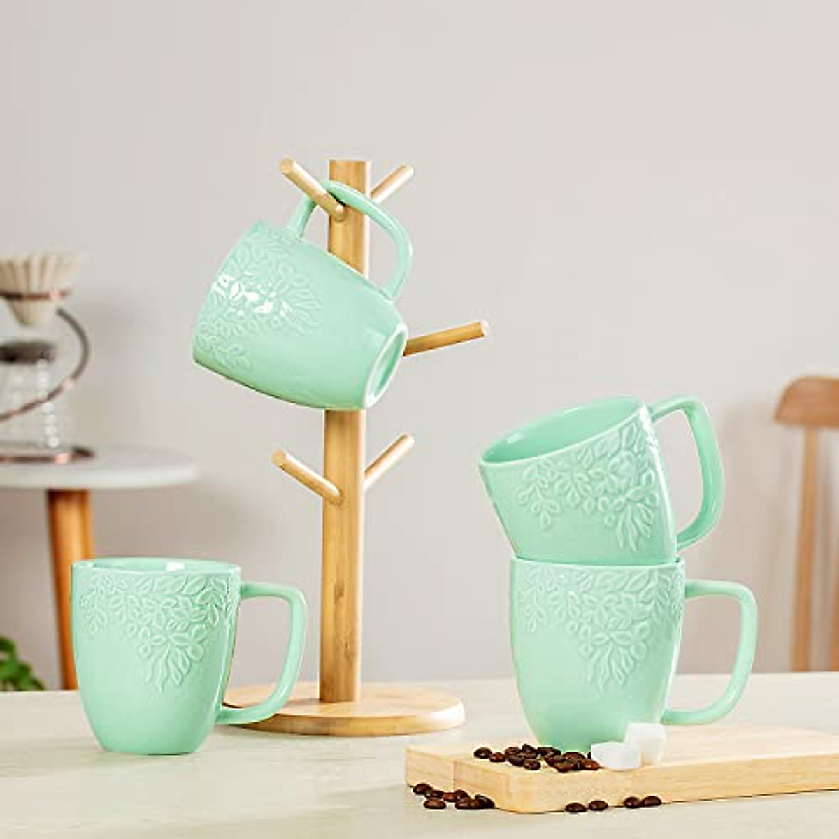 toptier Coffee Mugs Set of 4, 16 Ounce Ceramic Mug Coffee Mugs with Large Handle for Men, Women, Leaf Design Coffee Cups Gift for Coffee, Tea, Milk, Cocoa, Cereal, Green