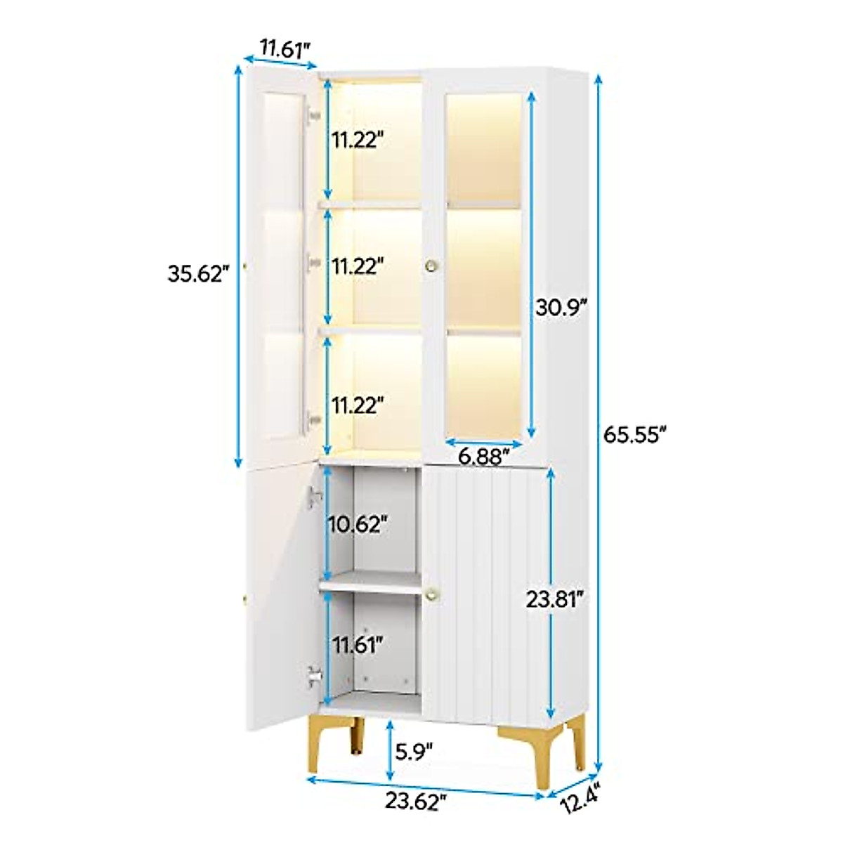 Tribesigns Bookcase with Doors and LED Light, White Bookshelf with 5-Tier Storage Shelves, Freestanding Tall Storage Cabinet for Living Room, Office, Bathroom