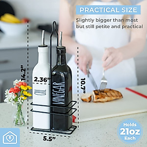 Heartland Home Ceramic Olive Oil and Vinegar Dispenser Set. Bottles, Kitchen Caddy, 3 Oil Pourer Spouts and Funnel! 21oz Glass Bottle Container. Salad Dressing or Cooking Oil Cruet (Black and White)