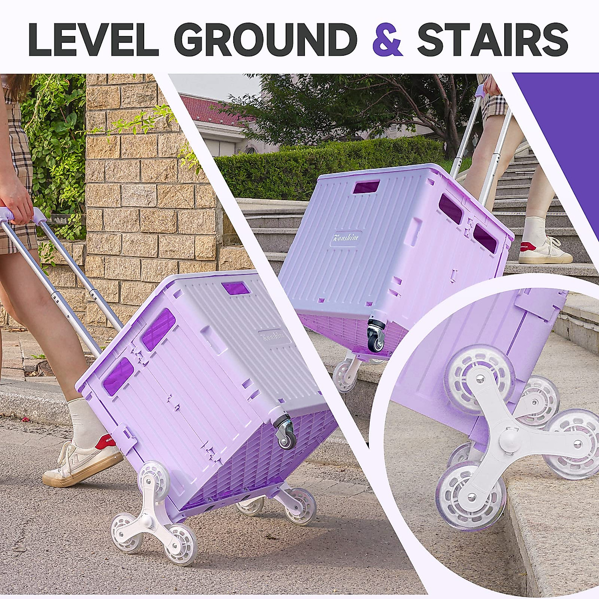 Honshine Foldable Cart with Stair Climbing Wheels, Collapsible Rolling Crate with Telescoping Handle, Handcart for Grocery Book File Tool Art Supplies(Lavender)