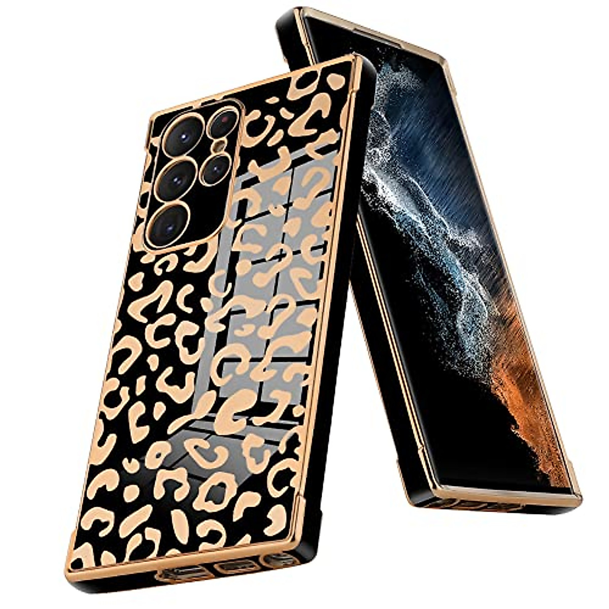 Fiyart Designed for Samsung Galaxy S22 Ultra Case Cheetah Print Design for Women Girls Soft TPU Plating Full Camera Lens Protection Leopard Print Phone Cover Bumper for S22 Ultra 6.8"-Black