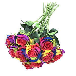 DALAMODA Wholesale 15pcs Artificial Silk Rose Flower Rainbow Roses Flowers-DIY Bridal Bouquet Flower or DIY Any Home Garden Decoration Pack of 15pcs(Rainbow Rose)