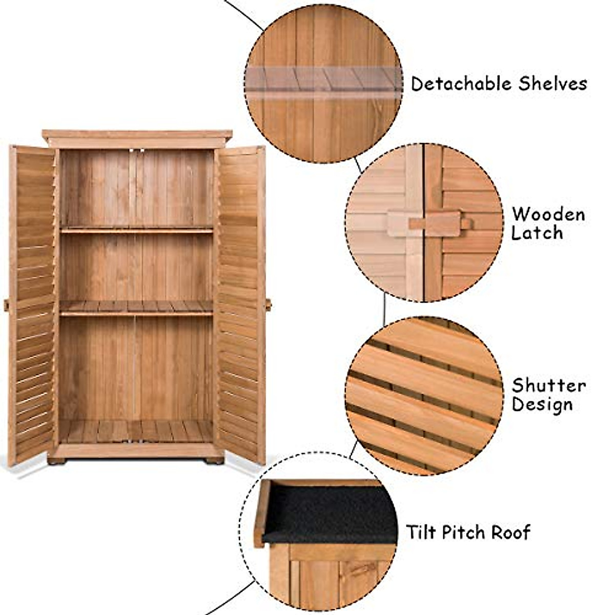 Goplus Outdoor Storage Cabinet, Wooden Garden Shed with Latch & Detachable Shelves & Pitch Roof, Vertical Organizer for Outside Yard Patio Deck