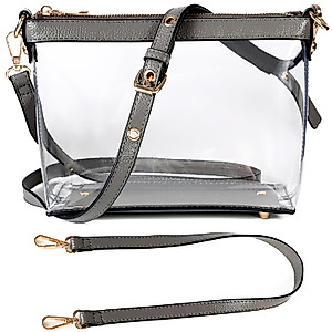 Y&R Direct 3-IN-1 Clear Zipper Crossbody Bag with Vegan Leather Trim Clear Purse for Stadium Festival Concert Gameday Gifts (Grey)