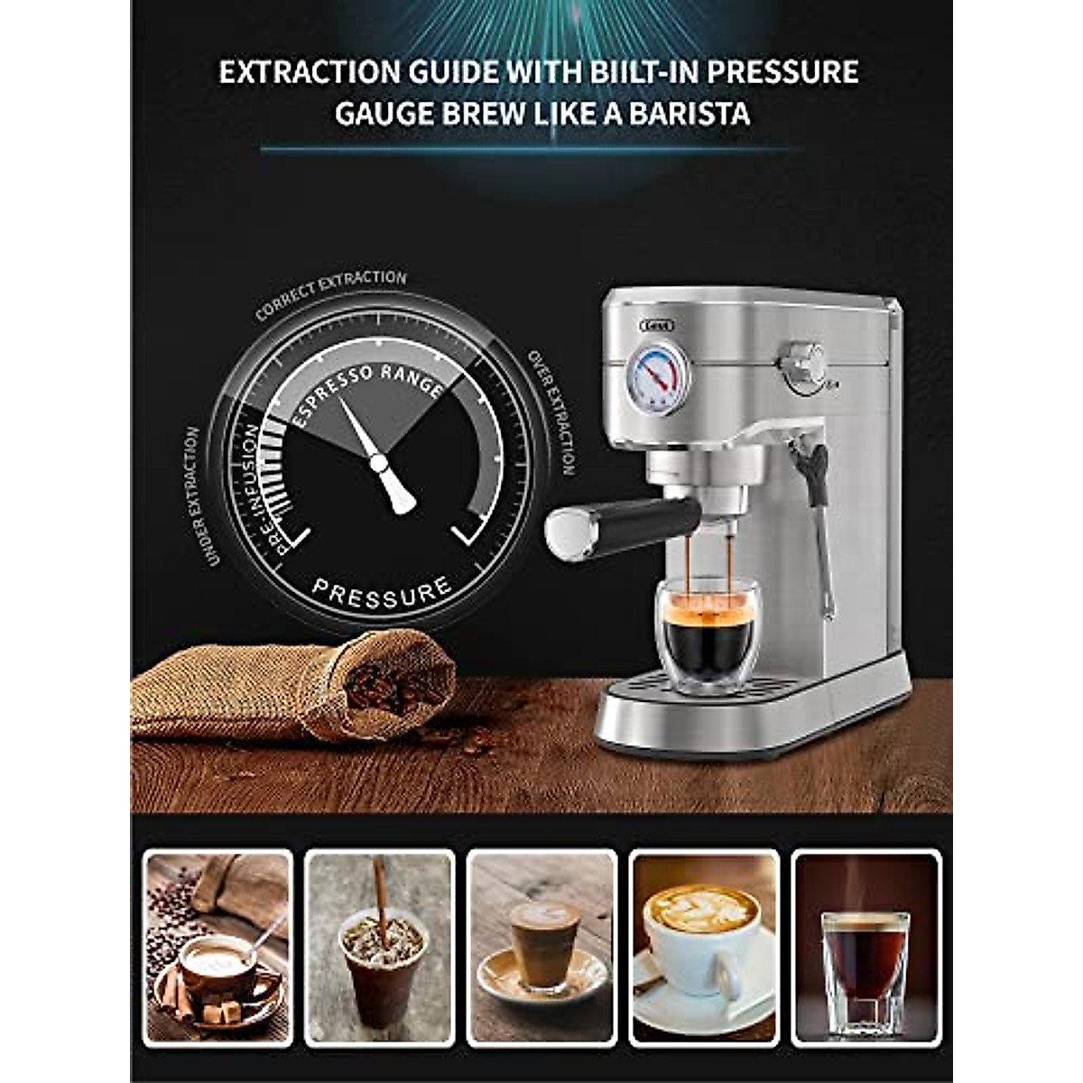 Gevi 20 Bar Compact Professional Espresso Coffee Machine with Milk Frother/Steam Wand for Espresso, Latte and Cappuccino, Stainless Steel, 35 Oz Removable Water Tank (Machine)