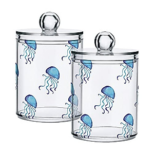 WELLDAY Apothecary Jars Bathroom Storage Organizer with Lid - 14 oz Qtip Holder Storage Canister, Watercolor Jellyfish Clear Plastic Jar for Cotton Swab, Cotton Ball, Floss Picks, Makeup Sponges,Hair