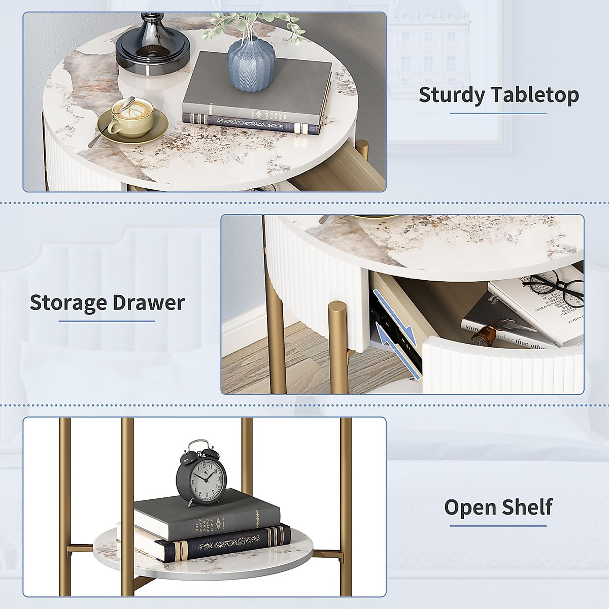 OIOG Modern End Table with Storage Drawer, Round 2-Tier Nightstand with Shelf, Gold Side Table with Metal Legs for Living Room, Bedroom, Office, Marbling Natural Stone/Gold