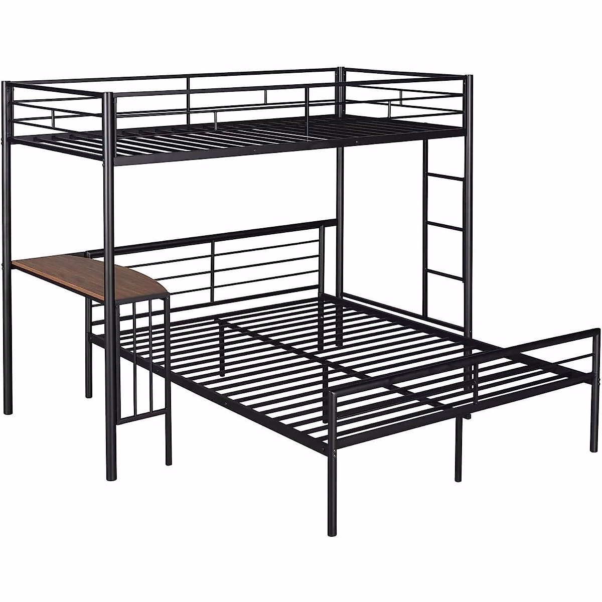 Twin Over Full Bunk Bed, Metal L-Shaped Bunk Bed Frame with Desk, Guardrail and Ladder, Space Saving Bed for Boys Girls, Convertible Into Twin Loft Bed & Full Platform Bed, Noise Free, Black