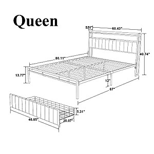 LoVinson Queen Bed Frame with Storage Headboard and LED Sensor Lights, Upholstered Headboard with Charging Station, Metal Platform Bed with Drawers, Noise-Free, Non-Slip, Black