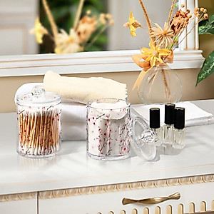 senya Clear Plastic Jars Cotton Swabs Cans, Cherry Blossom Branche Bathroom Canisters Storage Organizer with Lids 2PCs Set for Cotton Ball, Cotton Swab, flossers, Hair Bands