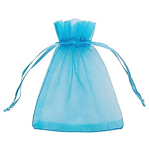 HRX Package 100pcs Organza Jewelry Drawstring Pouches Turquoise Blue, 3.9 x 4.6 inch Little Mesh Candy Bags Mini Sachet for Small Christmas Gifts Jewelry