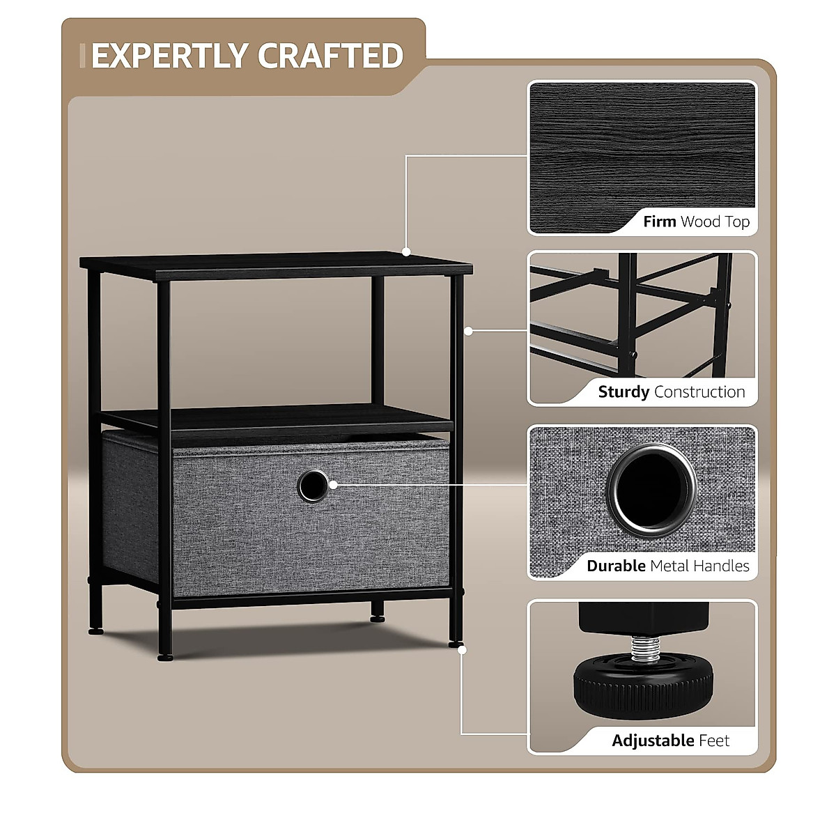 Sorbus Nightstand 2-Drawer Shelf Storage - Bedside Furniture & End Table Chest Dresser with Steel Frame, Wood Top & Easy Pull Fabric Bins for Home, Bedroom, Closets, Bathroom, Office & College Dorm