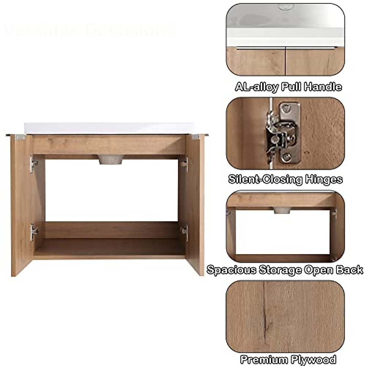 SSLine Wall Mounted Bathroom Vanity with Sink Combo Modern 24-Inch Single Bathroom Vanity Set with Top Basin &Storage Cabinet Brown Wood Hanging Bath Cabinet w/Resin Sink for Small Space (24"-Brown)