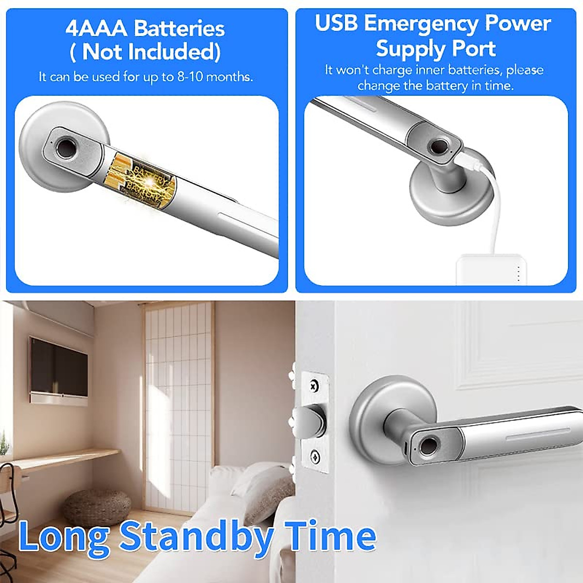 Yszbiay Fingerprint Door Lock Bedroom Door Lock Biometric Door Lock Keyless Electronic Door Knob with 30 Fingerprints Smart Lock for Home Storage Bedroom Office and Other Private Spaces（Silver）