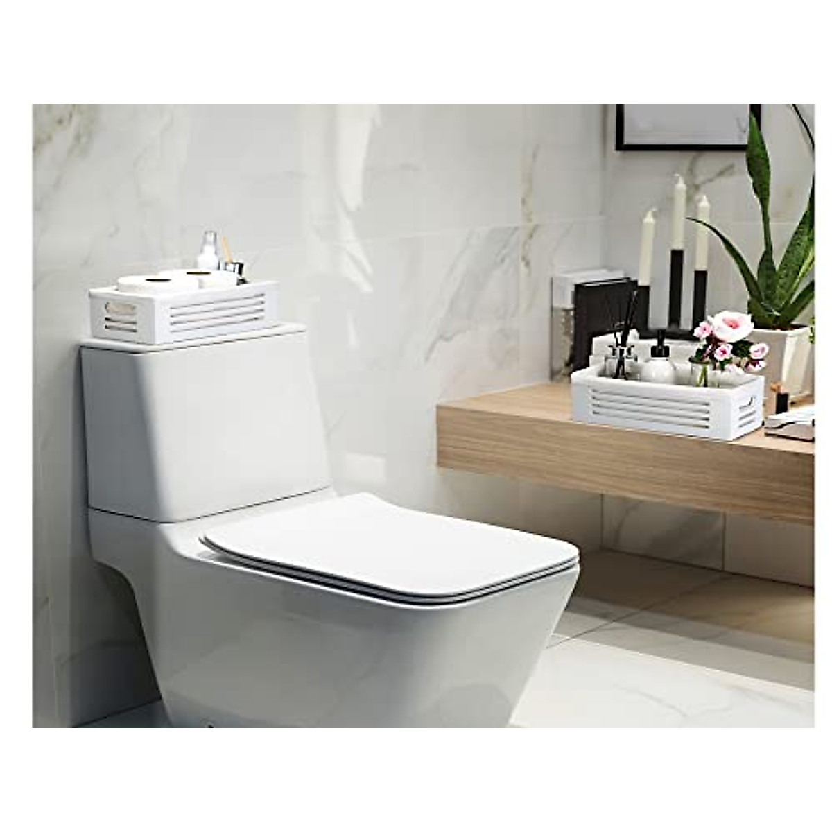 2 Pack White Bathroom Decor Box for Toilet Paper Storage - Wood Toilet Tank Basket Topper - Perfect Back of Toilet Storage Basket, Lined with Soft Linen Fabric - Ideal Countertop Sink Organizer