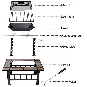 SINGLYFIRE 37 Inch Fire Pit Table with Grill for Outside Large Square Wood Burning firepit Heavy Duty Steel Bonfire Pit Cooking with Spark Screen Log Grate Poker for Backyard Garden Camping