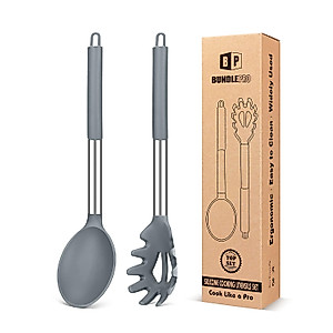 Silicone Pasta Fork and Cooking Spoon Set, Non Stick Kitchen Utensils for Cooking,Stirring,Serving Spaghetti, Soup, Sauce (GREY)