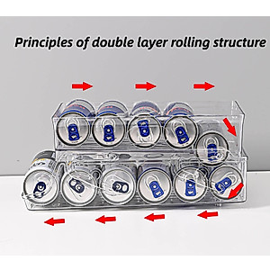 Beverage Can Organizer for Refrigerator, Soda Can Dispenser for Refrigerator Double Layer Liftable and Foldable Soda Can Storage Bin, Automatic Rolling Plastic Drink Holder for Fridge, Pantry, Cabinet