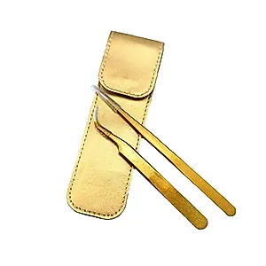 yueton 2pcs Gold Color Coated Stainless Steel Straight and Curved Head Tweezers with Leather Case for Eyelash Extension