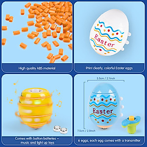 VATOS Plastic Cute Easter Eggs Spinning Tops & Light Up Eggs Toys - 6 Pack Lighting & Spinning Tops & Singing Musical Easter Party Fovors, Easter Gifts Spinning Tops for Kids 3+