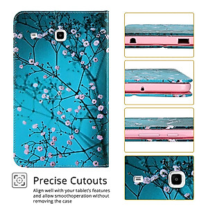 UUcovers T377 Tablet Case for Samsung Galaxy Tab E 8.0 Inch 2016 Model (SM-T377A/T377V/T377P/T375/T378) PU Leather Folio Stand Wallet Soft TPU Back Shockproof Cover with Card Pocket, Pear Flower Blue