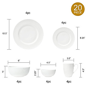 Bone China 20 Piece Dinnerware Set Dishes, Service for 4, White Embossed stripe, Microwave Safe, Chip Resistant, Kitchen Set, Essential Home, Formal, Everyday Living, Translucent, Elegant giftware