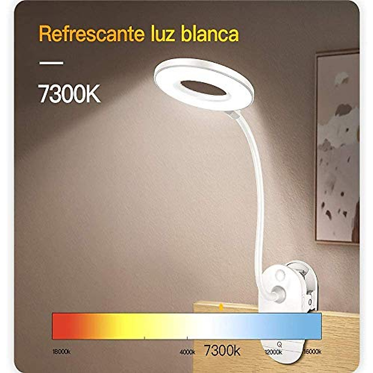 Clip on Lamp,Battery Powered Reading Lamp,Clip on Light for Bed Clip on Battery Light with 3 Brightness Level,USB Rechargeable, Reading Lamp
