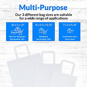 Reli. 90 Pack | Assorted Sizes White Paper Bags w/Handles | 7x3.15x8-8x4.5x10.25-10x5x13 | 30 Bags Each Size | Paper Bags Combo Pack | Retail Bags/Shopping Bags, Gift Bags