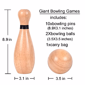 NI-ROU Outdoor Giant Lawn Bowling Games Wooden Lawn Set Fun Sports Games Outside or Indoor for Family Adults and Kids Backyard Skittles Carrying Bag with 10 Pins and 2 Balls