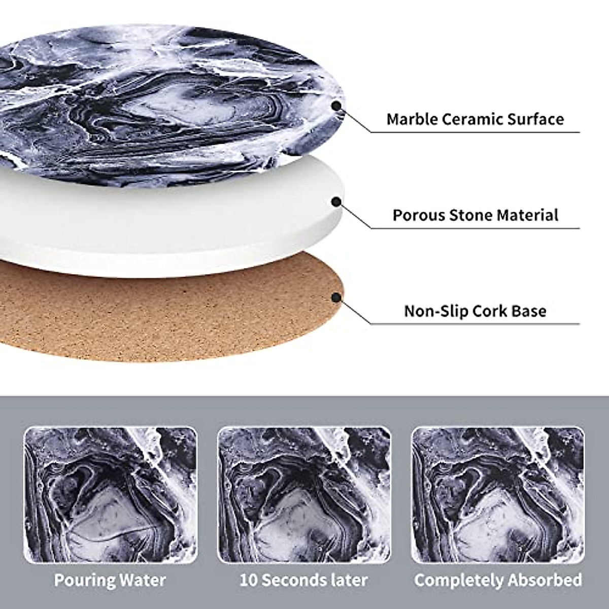 Coasters with Holder, Absorbent Coasters by DSNDVES, Set of 6 Ceramic Coasters, Marble Style Drink Coasters with Cork Base, Bar Coasters, Round Stone Coasters Black Ink Painting