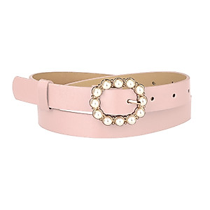Allegra K Womens Pearl Waistband Skinny Leather Adjustable Pin Buckle Belt for Jeans Dresses Pants 75-90cm/29.53"-35.43" Light Pink