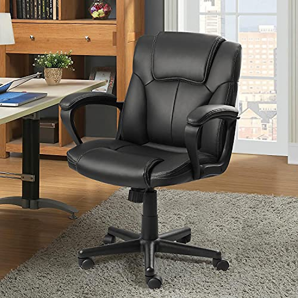 Shahoo Executive Office Chair Swivel Task Seat with Ergonomic Mid-Back, Waist Support, PU Leather, Black